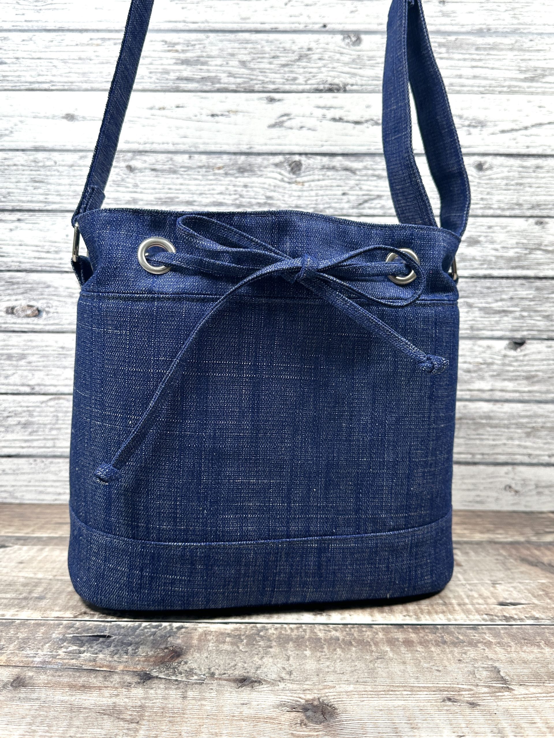 Denim Drawstring Bucket Bag Pattern - We Like Sewing