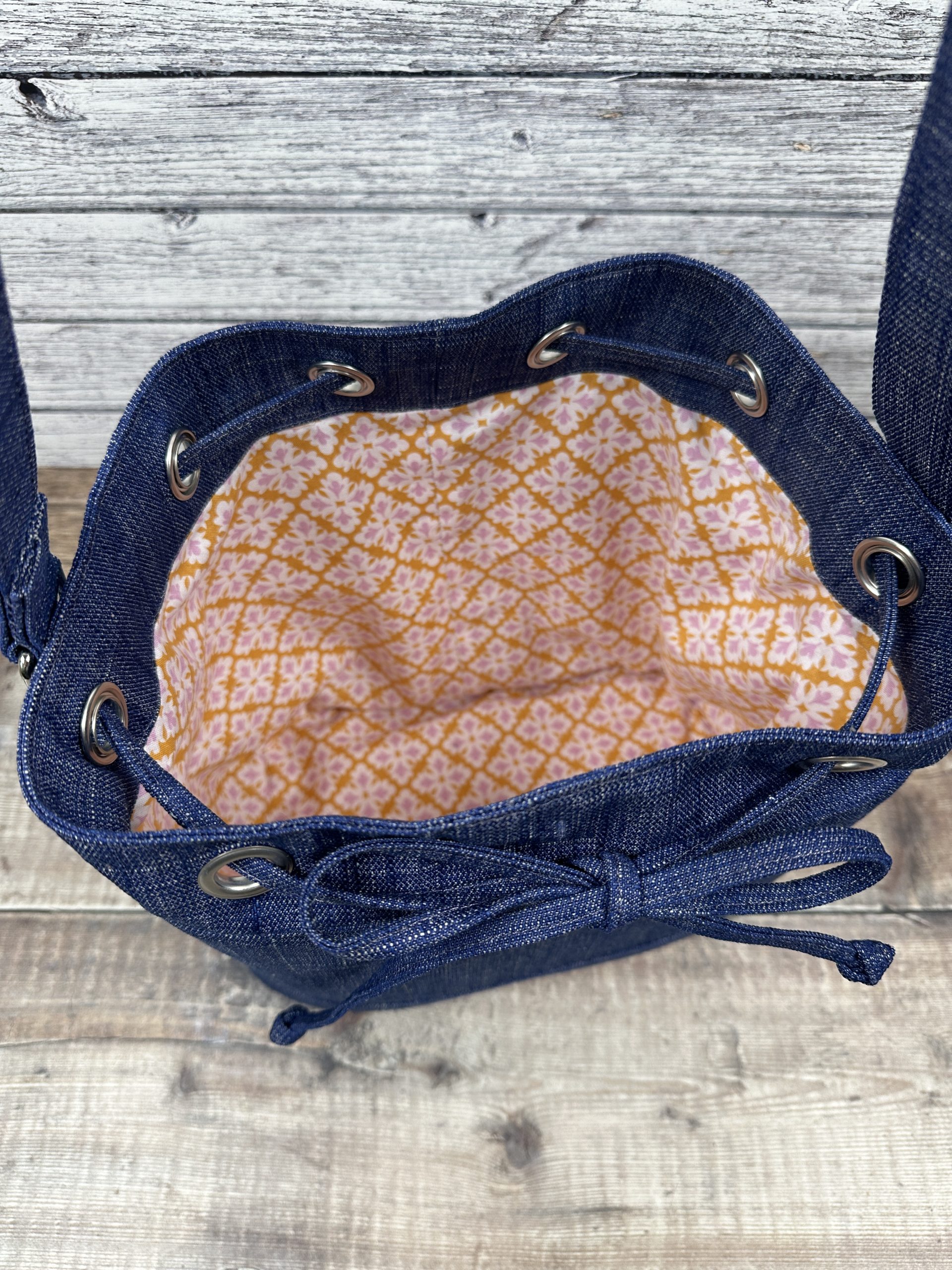 Denim Drawstring Bucket Bag Pattern - We Like Sewing