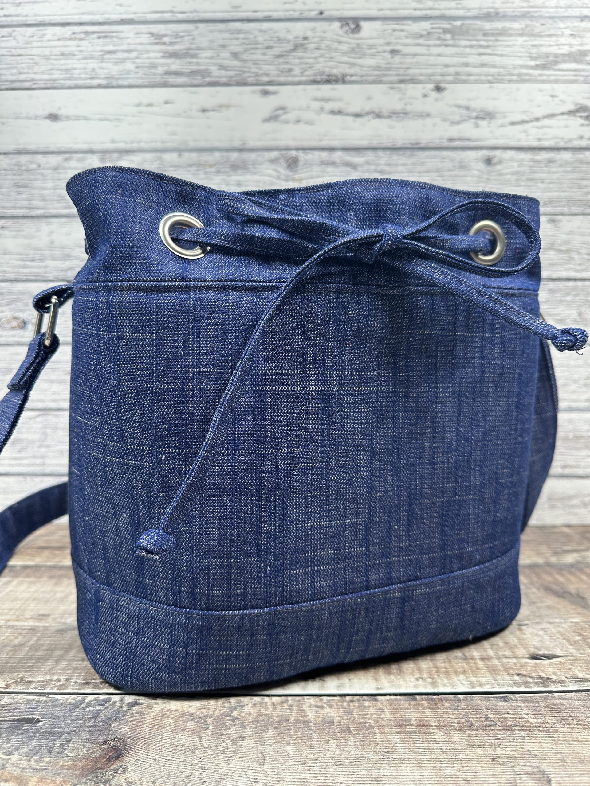 Denim Drawstring Bucket Bag Pattern - We Like Sewing