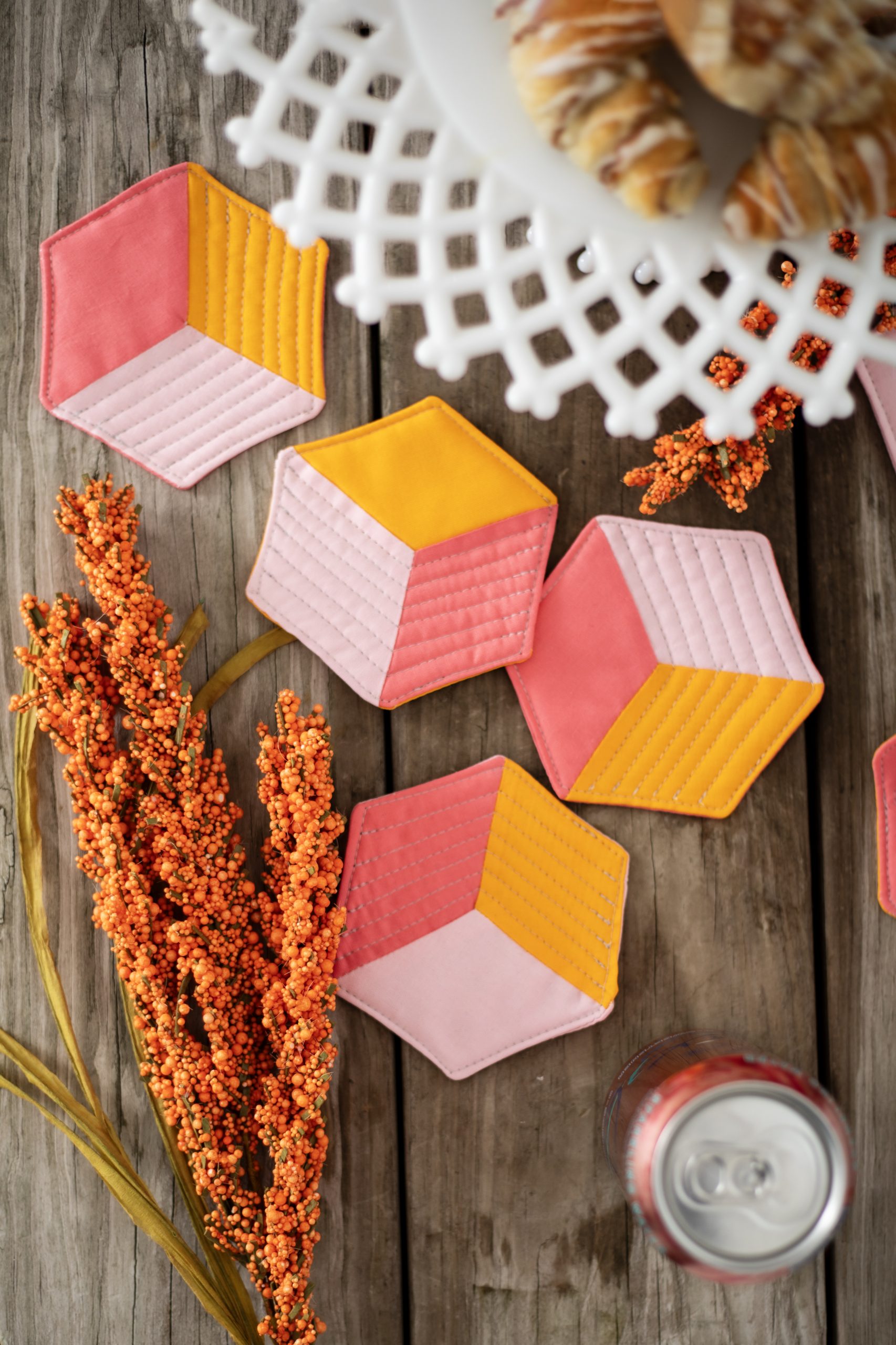 Sunkissed Tumbling Blocks Quilted Coasters - We Like Sewing